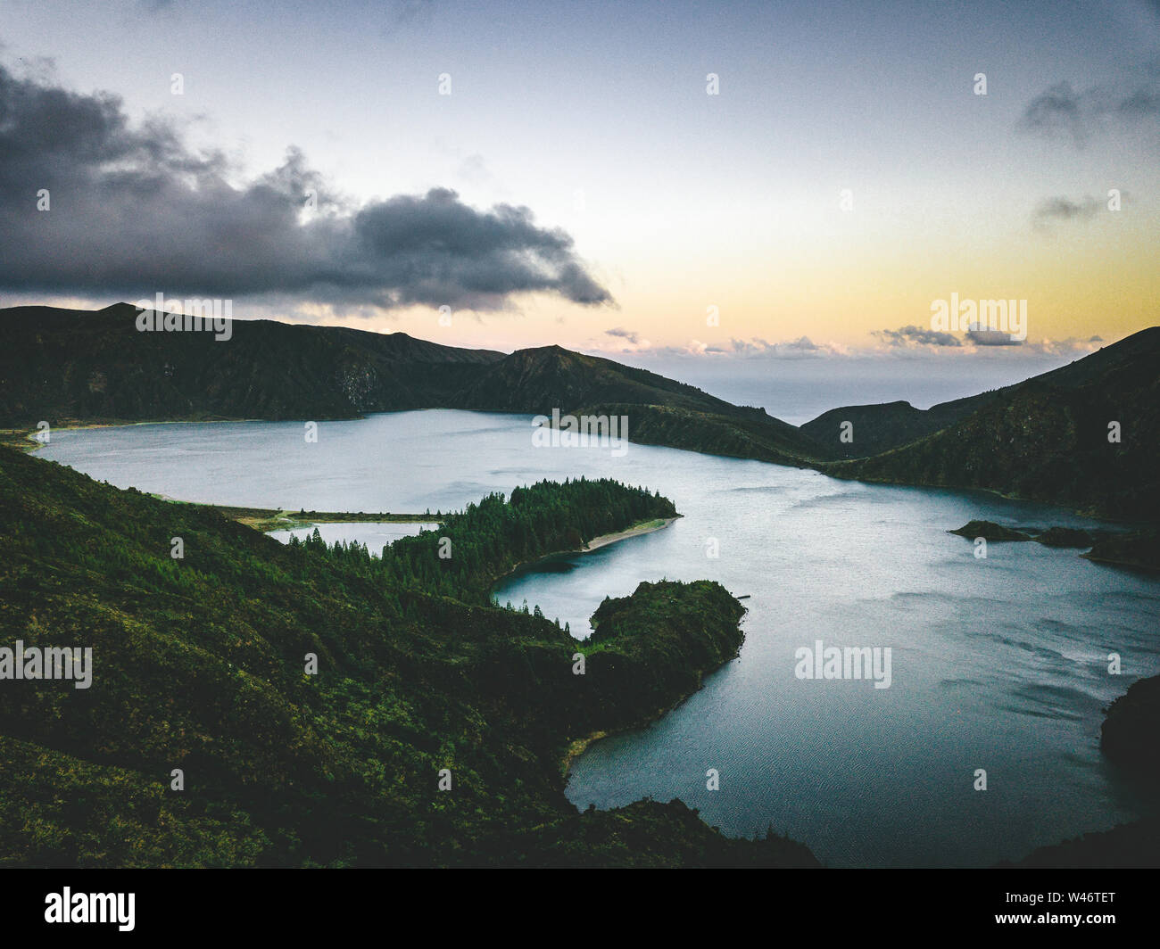 Sunset over Beautiful panoramic view of Lagoa do Fogo, Lake of Fire, in ...