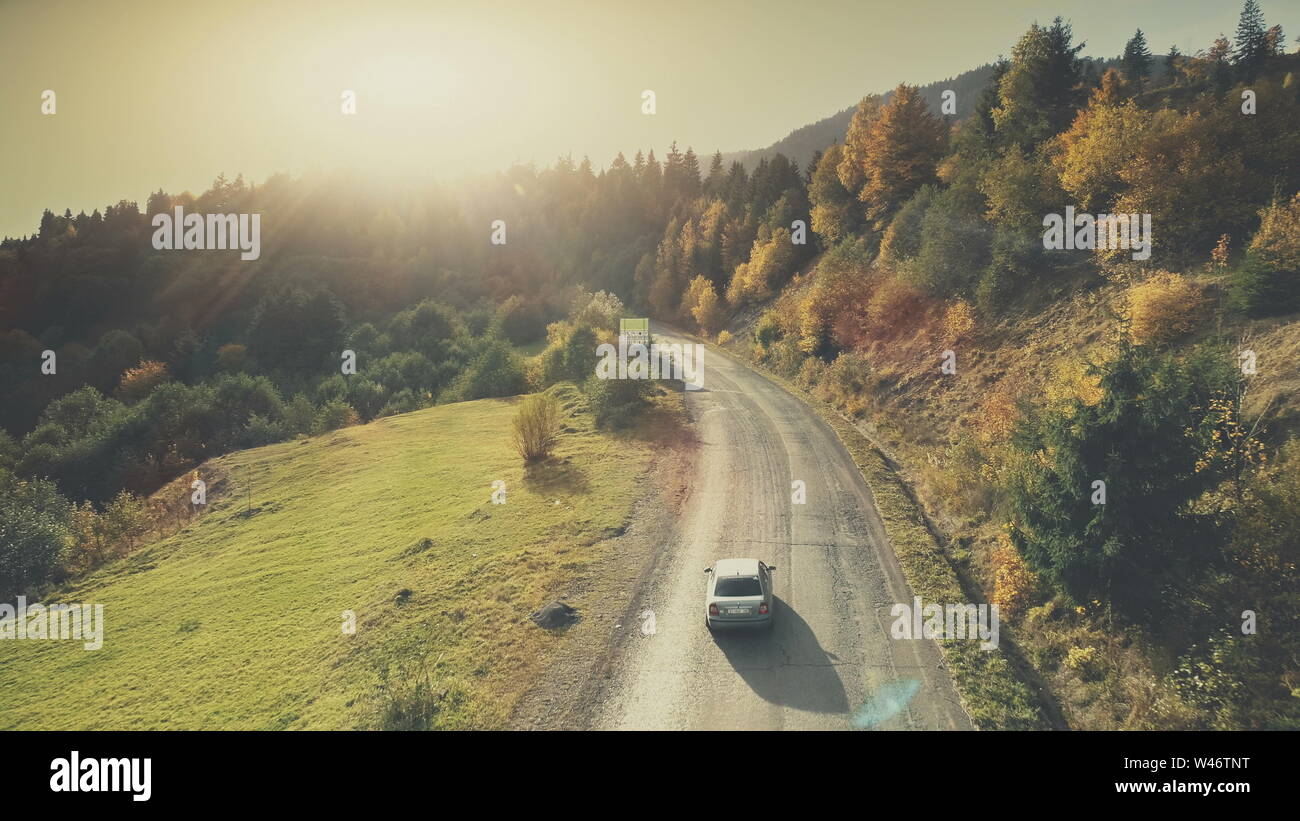 Mountain Hill Country Road Car Drive Aerial View. Roadside Automobile ...