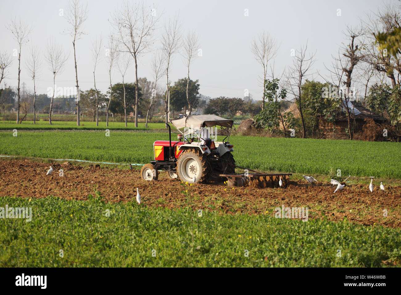Farmer ploughing a field with tractor Stock Photo - Alamy