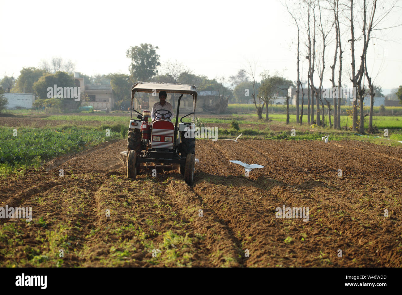 Farmer ploughing a field with tractor Stock Photo - Alamy