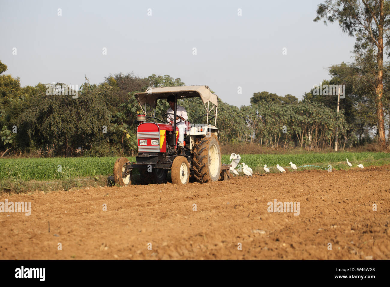 Farmer ploughing a field with tractor Stock Photo - Alamy