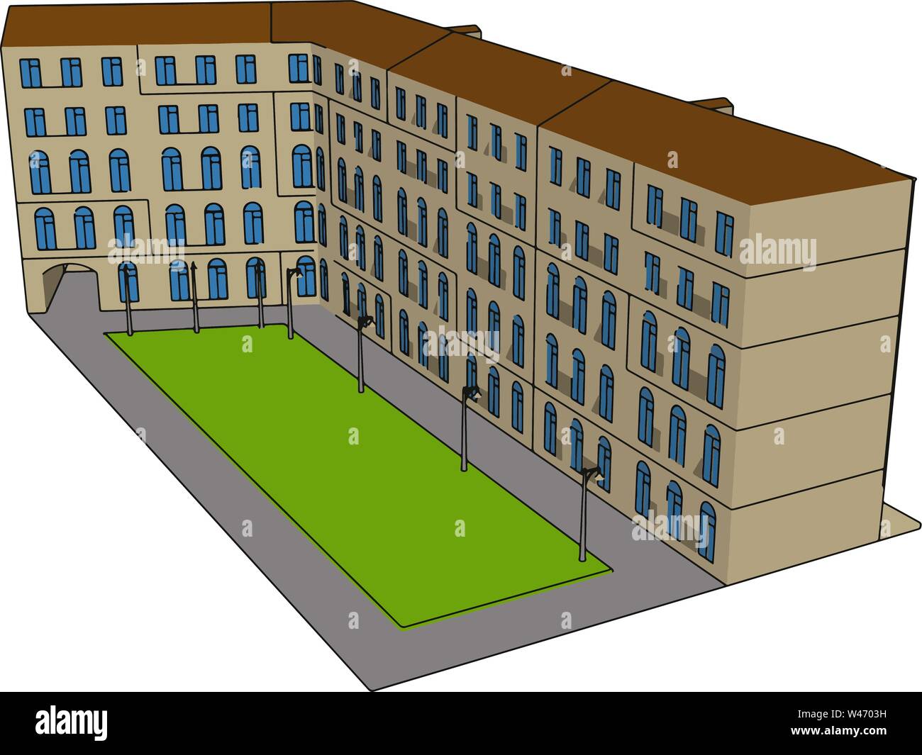 Big building with grass field, illustration, vector on white background ...