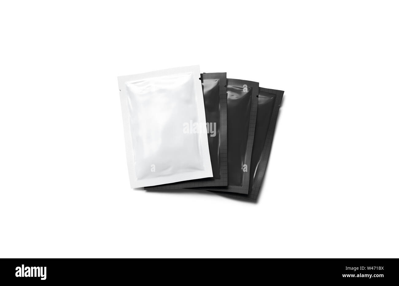 Blank black and white sachet packets stack mockup, isolated, 3d ...