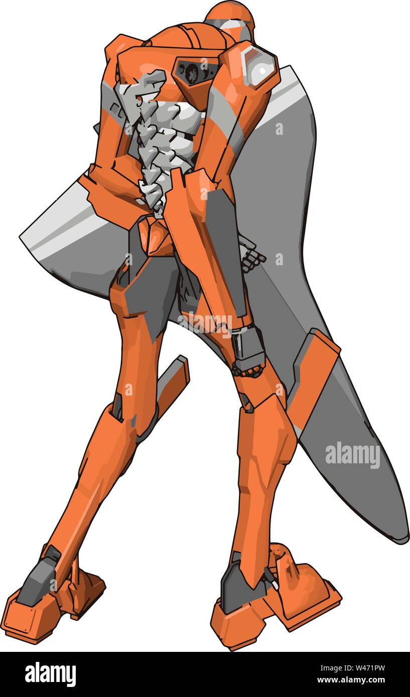 Orange robot with shield, illustration, vector on white background ...