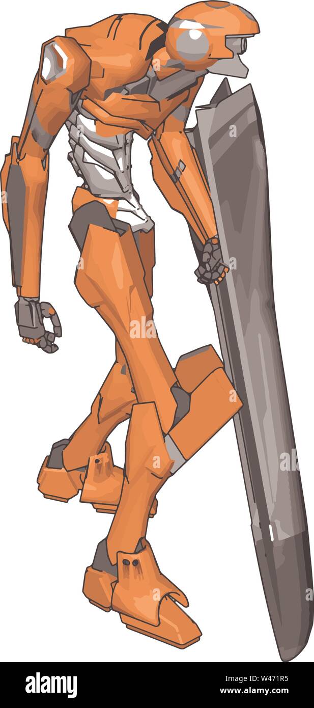Orange robot with shield, illustration, vector on white background ...