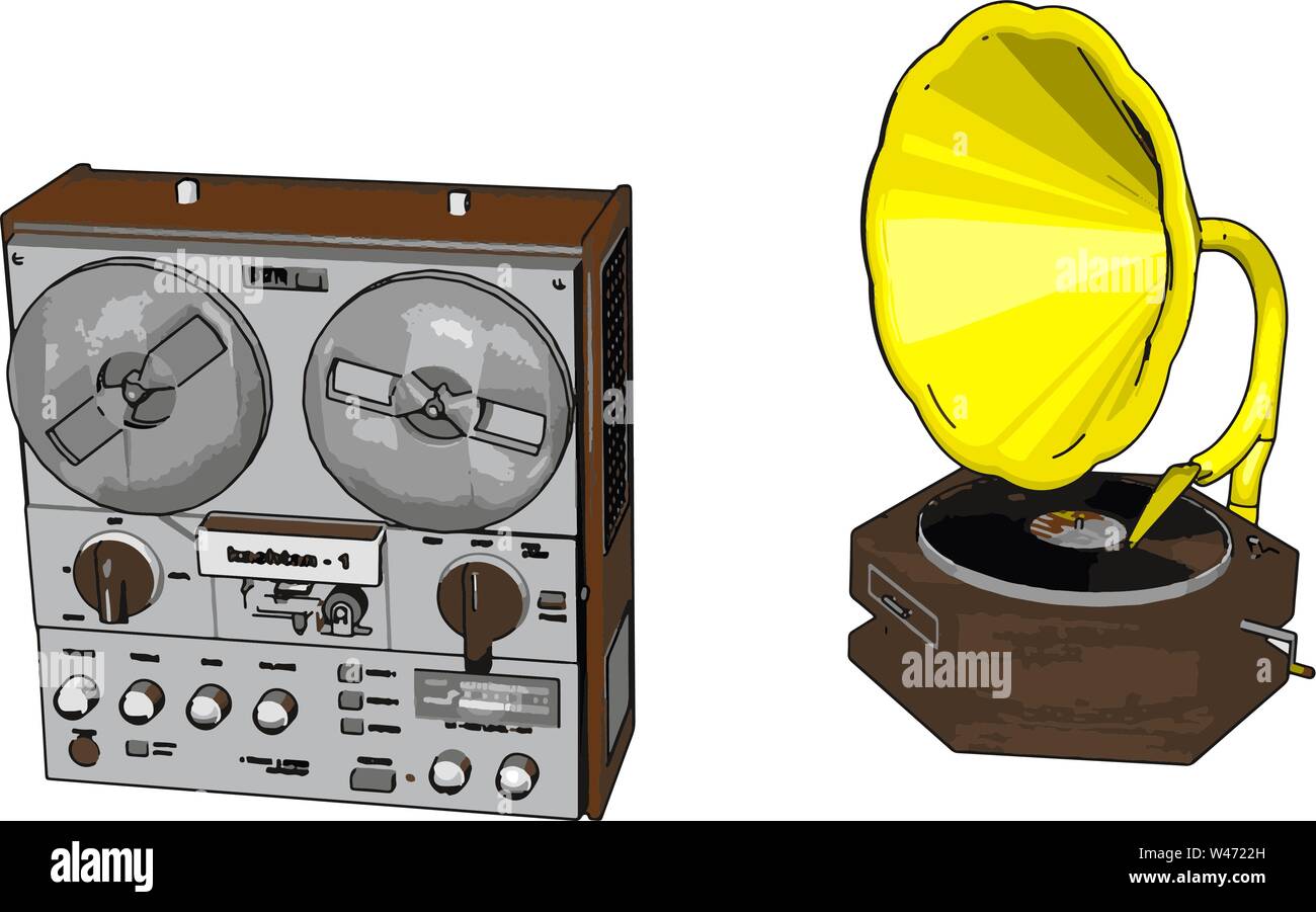 Old radio recorder with gramophone, illustration, vector on white ...