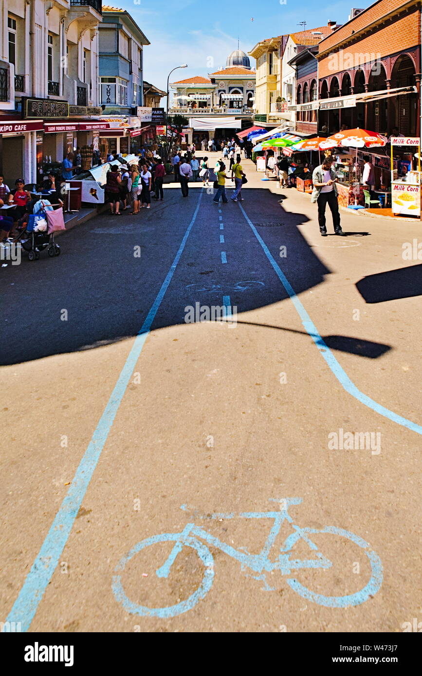 Big Island (Buyuk Ada), Turkey - 05/28/2010: Bicycle road with blue ...