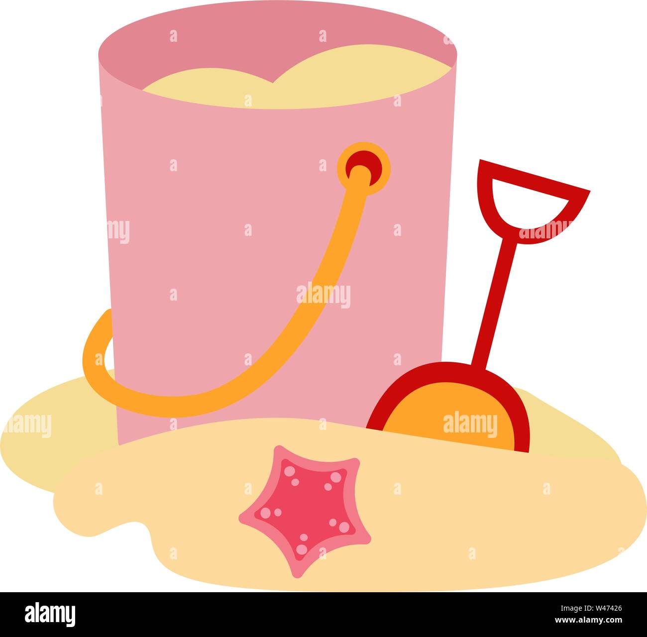 Pink bucket in sand, illustration, vector on white background Stock ...