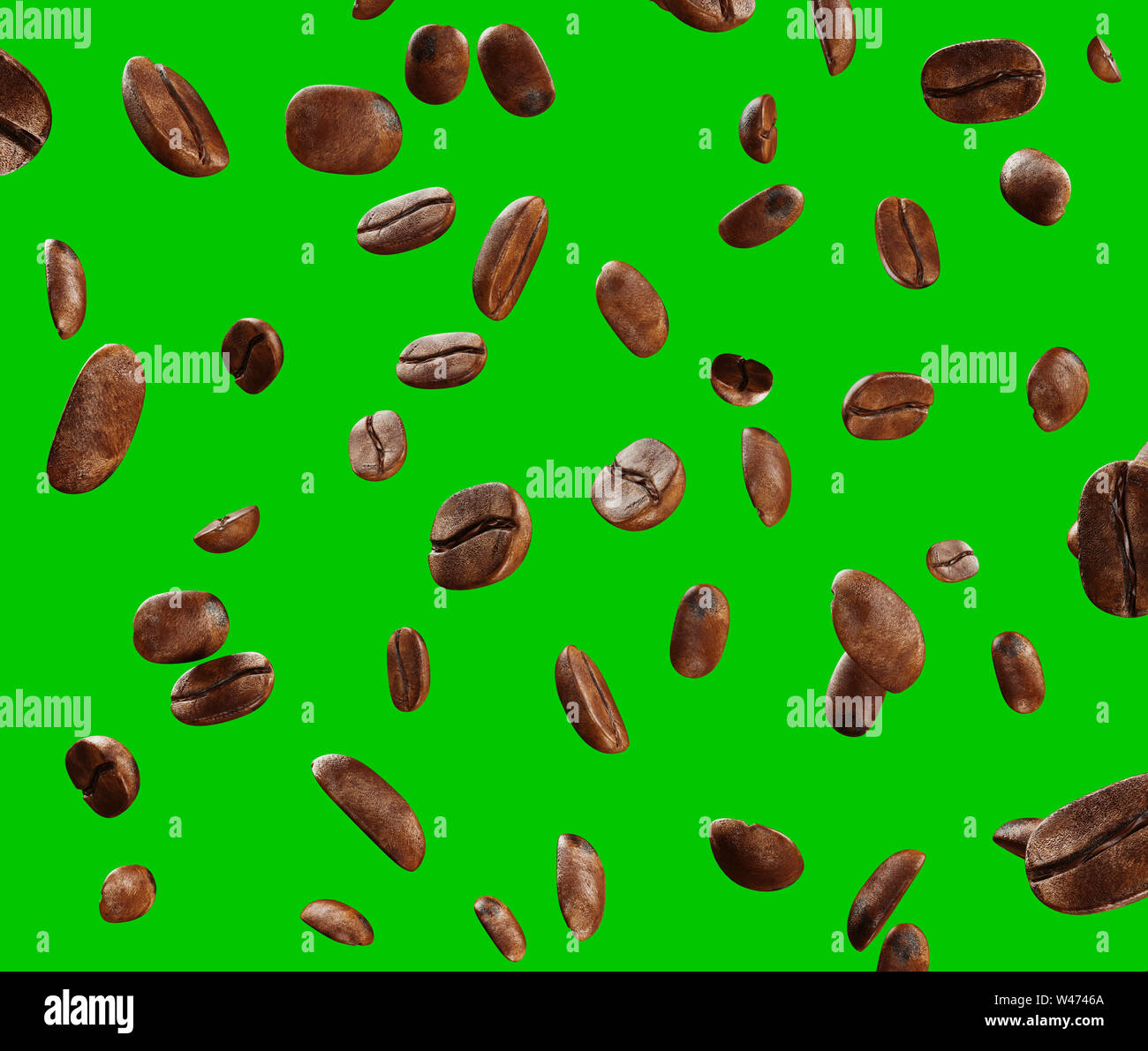 Black fried coffee beans falling down, green screen, 3d rendering Stock ...