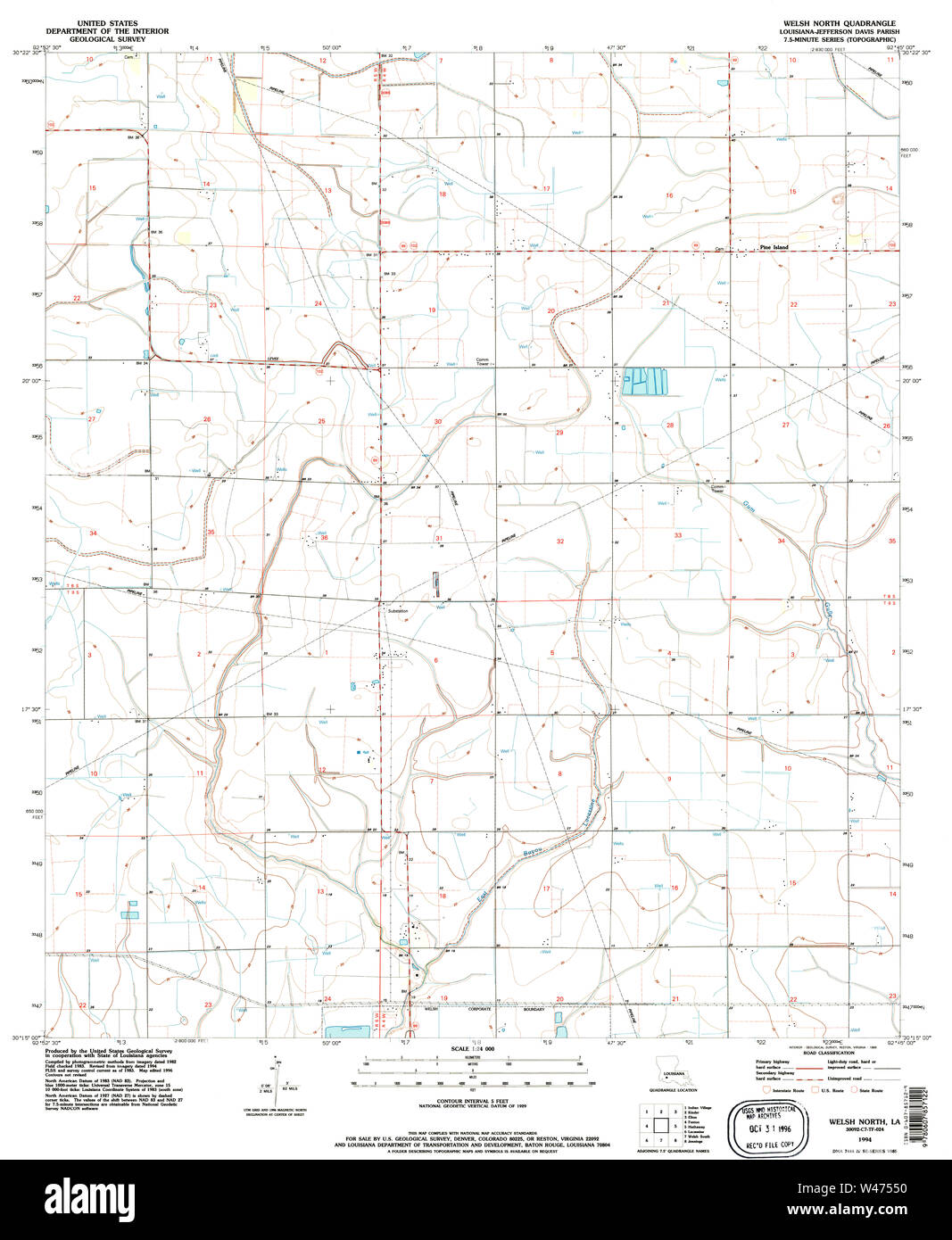 USGS TOPO Map Louisiana LA Welsh North 333514 1994 24000 Stock Photo ...