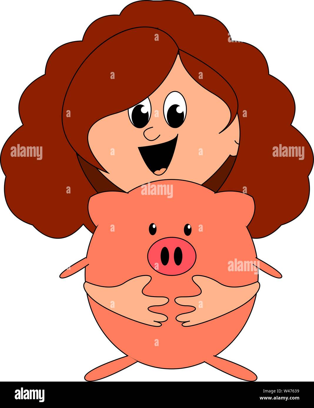 Girl hugging pig, illustration, vector on white background Stock Vector ...