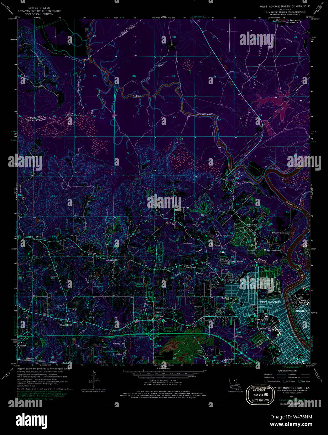 USGS TOPO Map Louisiana LA West Monroe North 333520 1957 24000 Inverted ...