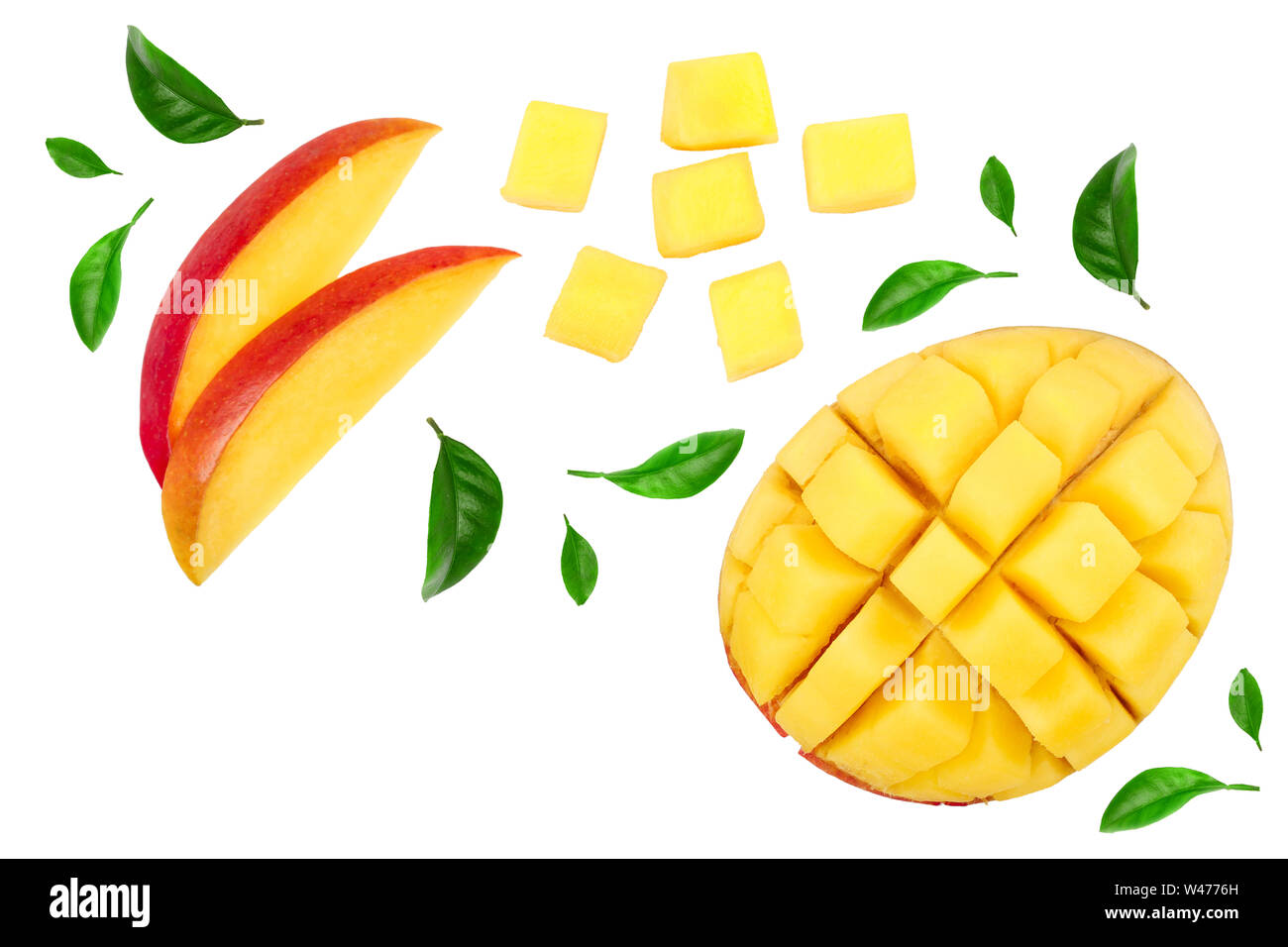 Mango fruit half with slices isolated on white background. Set or ...
