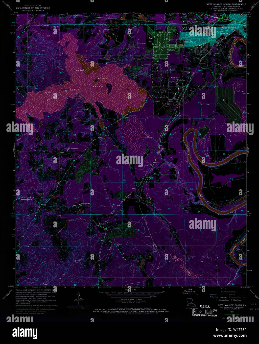 USGS TOPO Map Louisiana LA West Monroe South 333525 1957 24000 Inverted ...