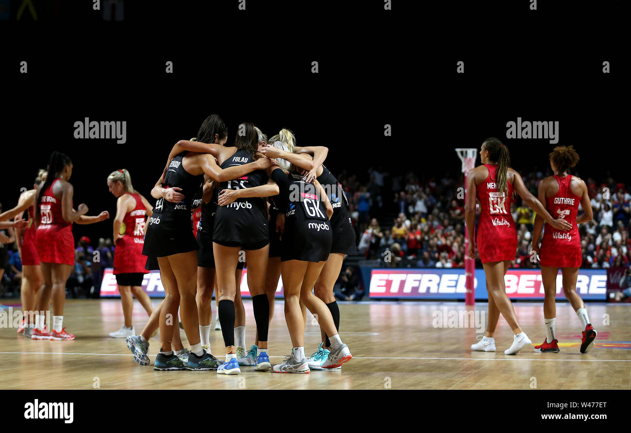 New zealand players celebrate victory during the netball world cup hi ...