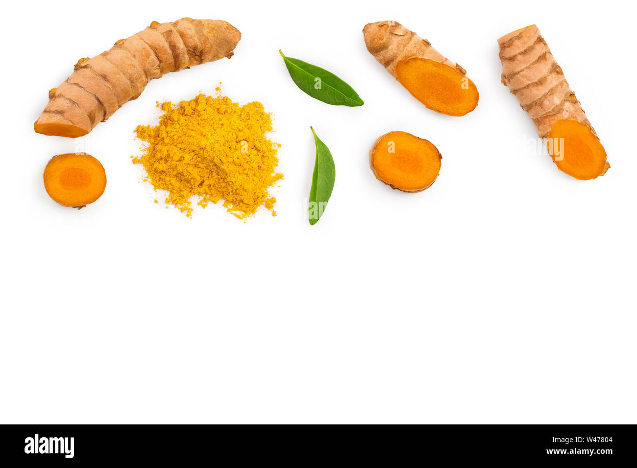 Turmeric powder and turmeric root isolated on white background with ...