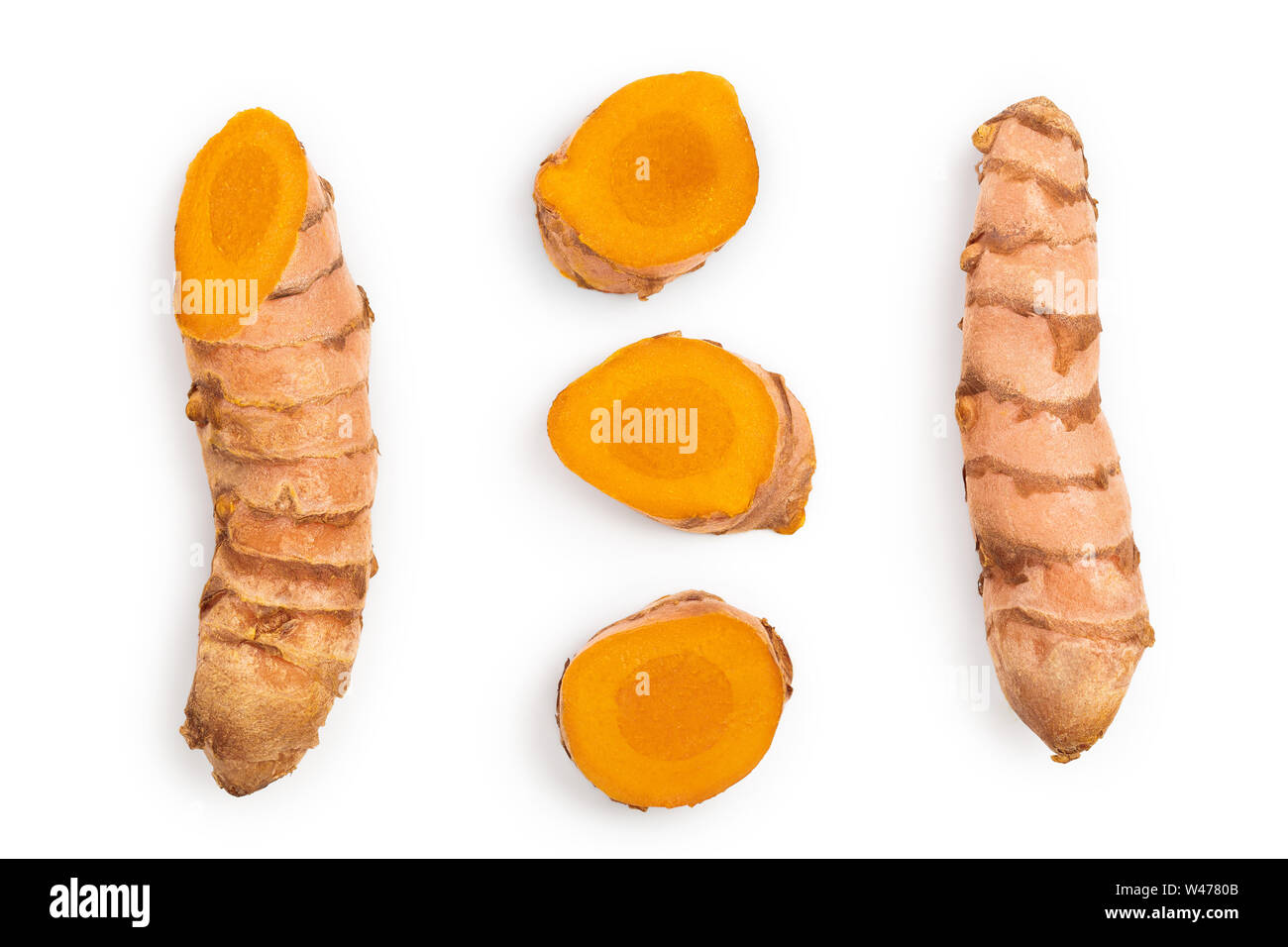 turmeric root and slices isolated on white background. Top view. Flat ...