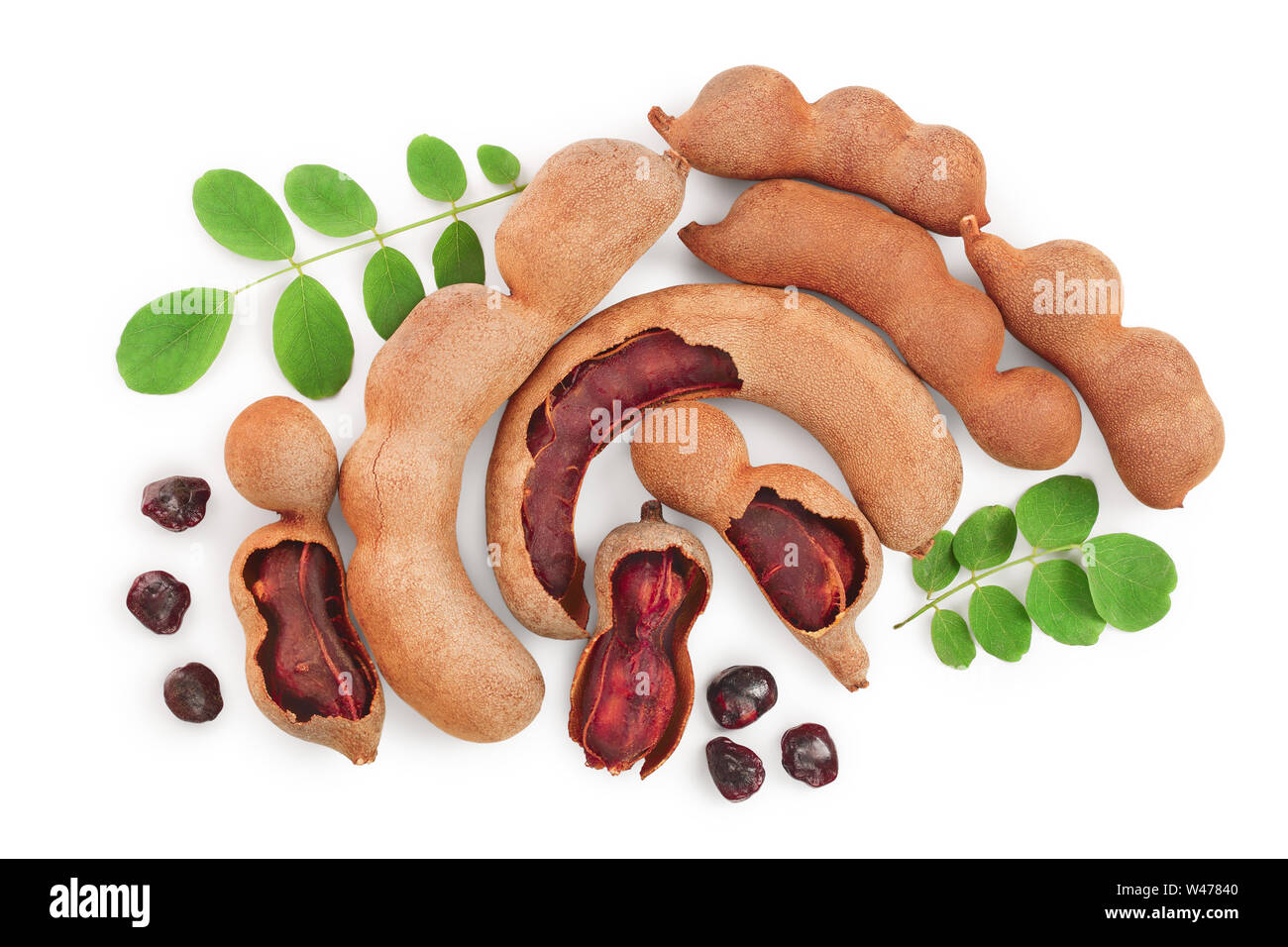 Tamarind fruit with leaf and seed isolated on white background, Top ...