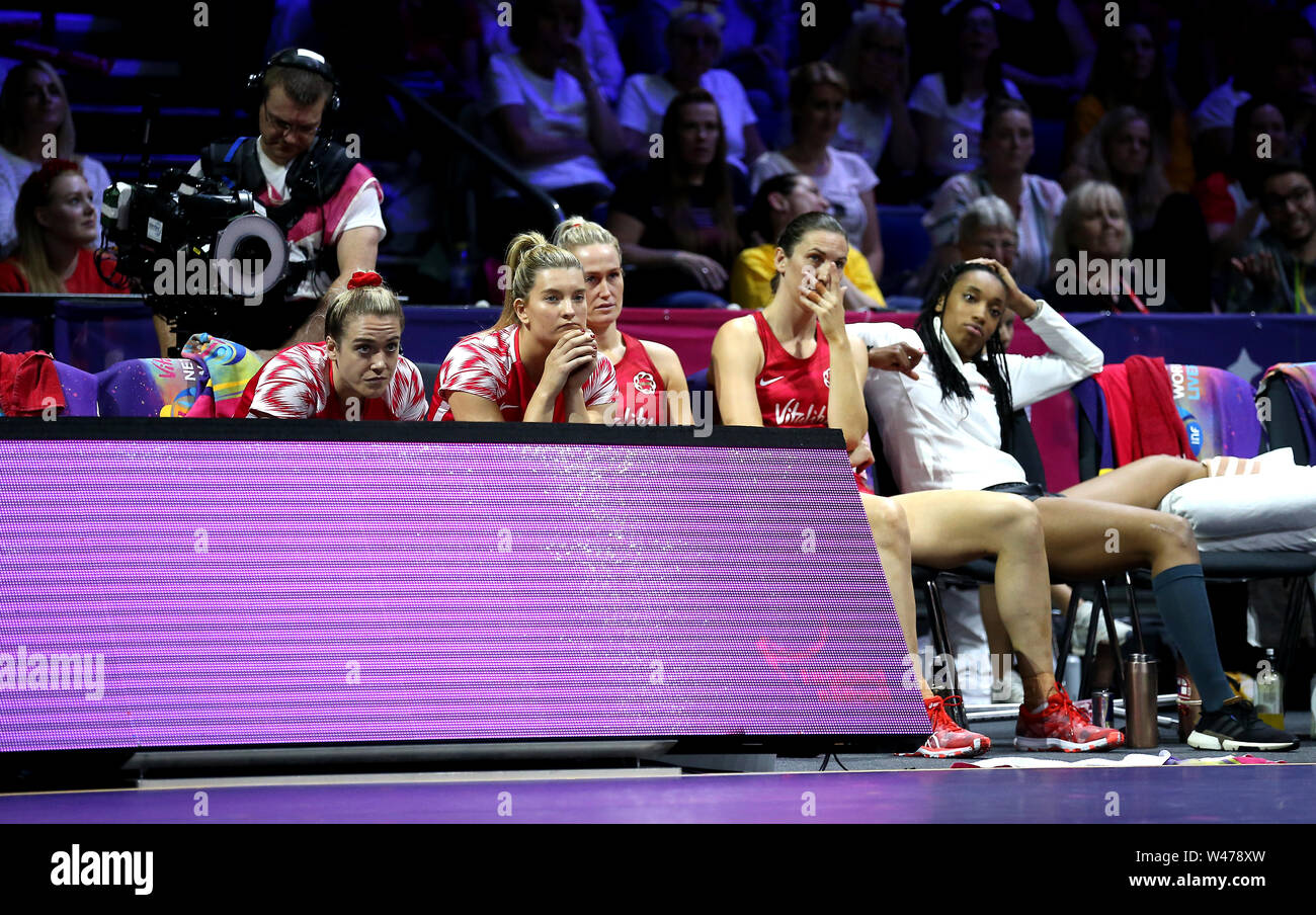 England's Chelsea Pitman (centre) reacts during the Netball World Cup ...