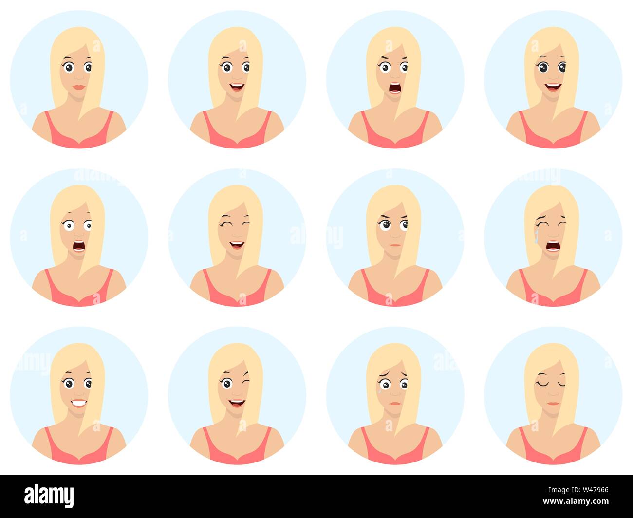 Sexy and beautiful young girl avatars with different expressions. Girl emotion faces cartoon ...