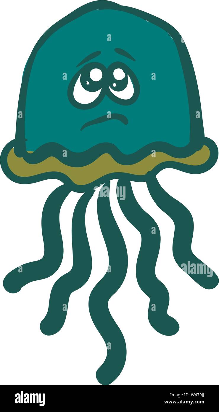 Sad green jellyfish, illustration, vector on white background Stock ...