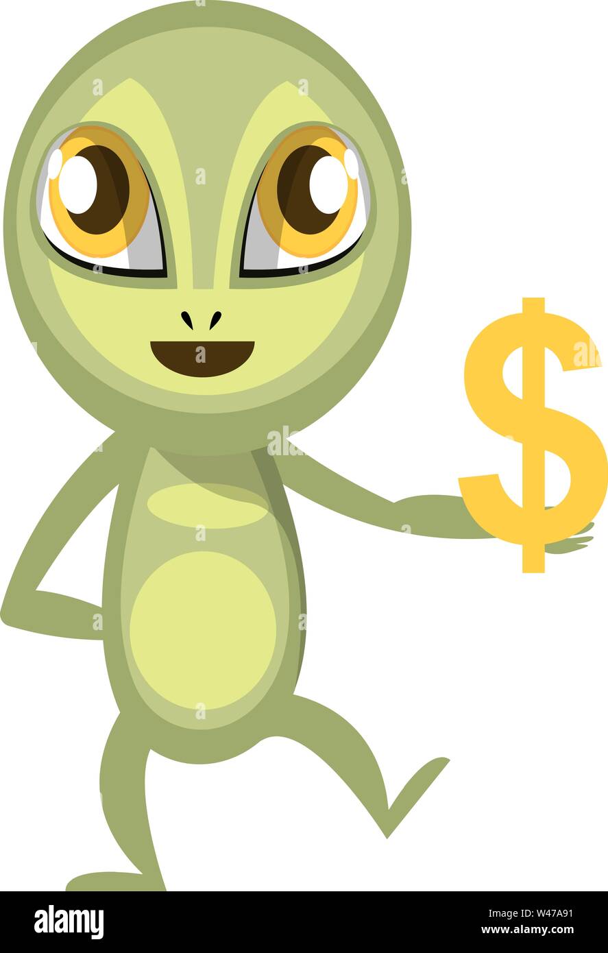 Alien holding dollar sign, illustration, vector on white background ...