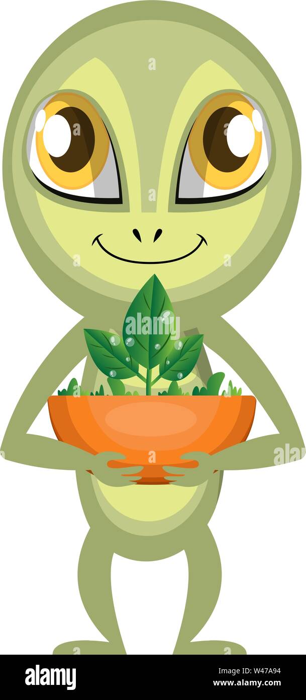 Alien holding plant, illustration, vector on white background Stock ...