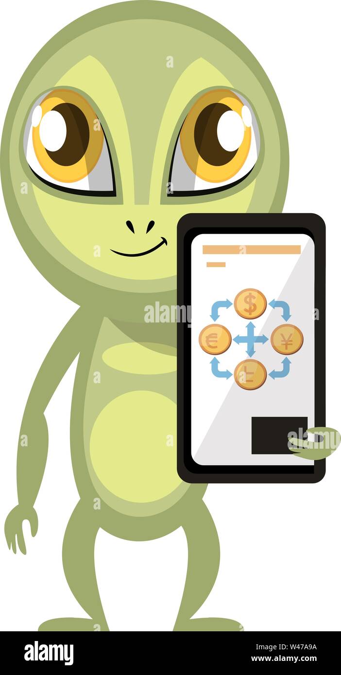 Alien with cellphone, illustration, vector on white background Stock ...