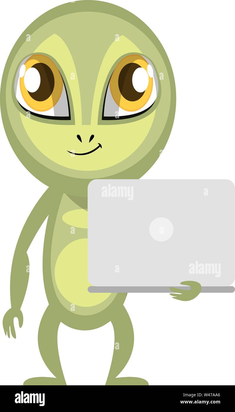Alien with white laptop, illustration, vector on white background Stock ...
