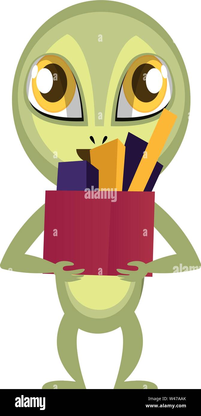 Alien with stuff in box, illustration, vector on white background Stock ...