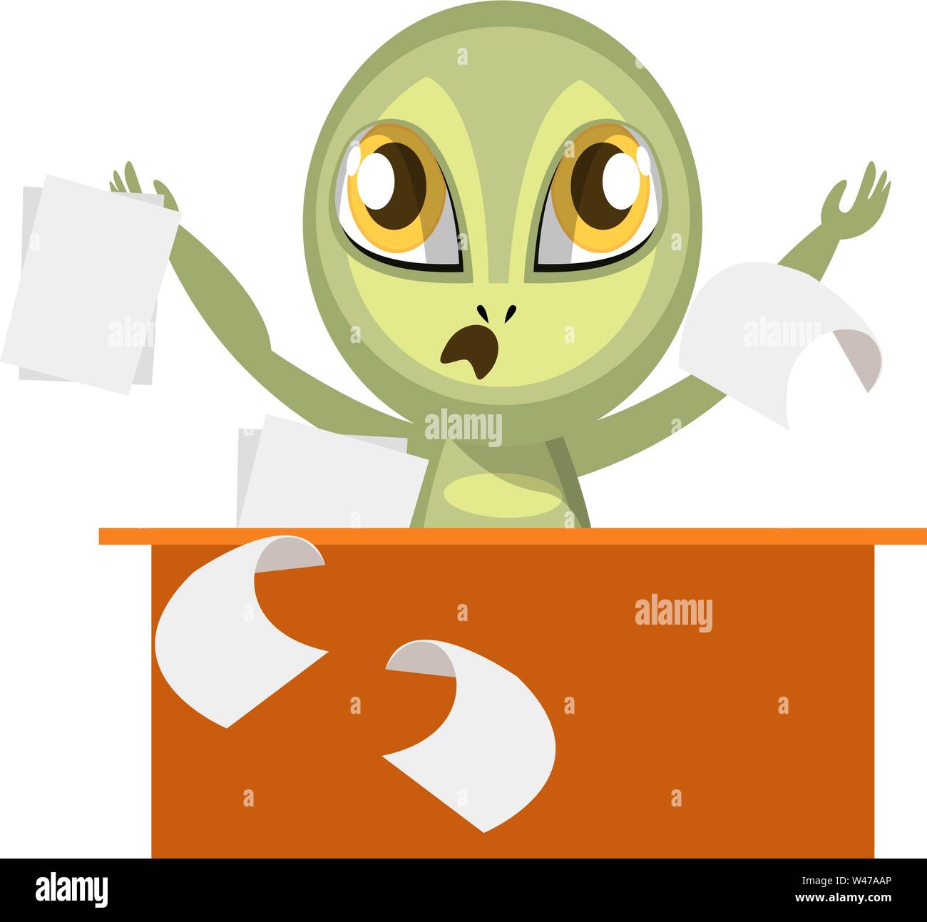 Alien working at the table, illustration, vector on white background ...