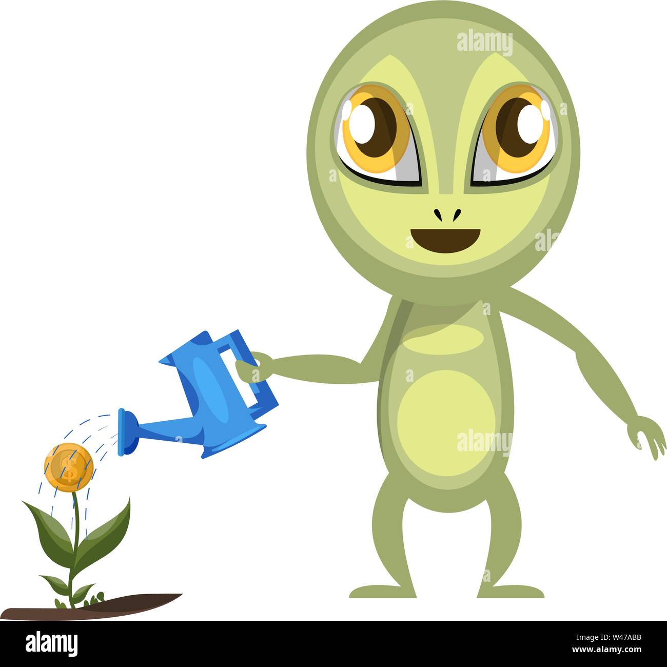 Alien watering flowers, illustration, vector on white background Stock ...