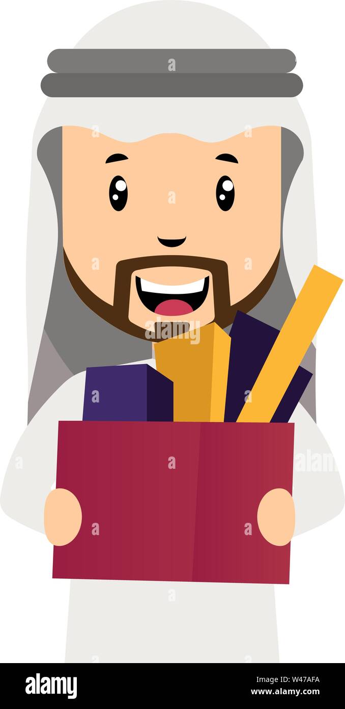 Arab with box full of stuff, illustration, vector on white background ...