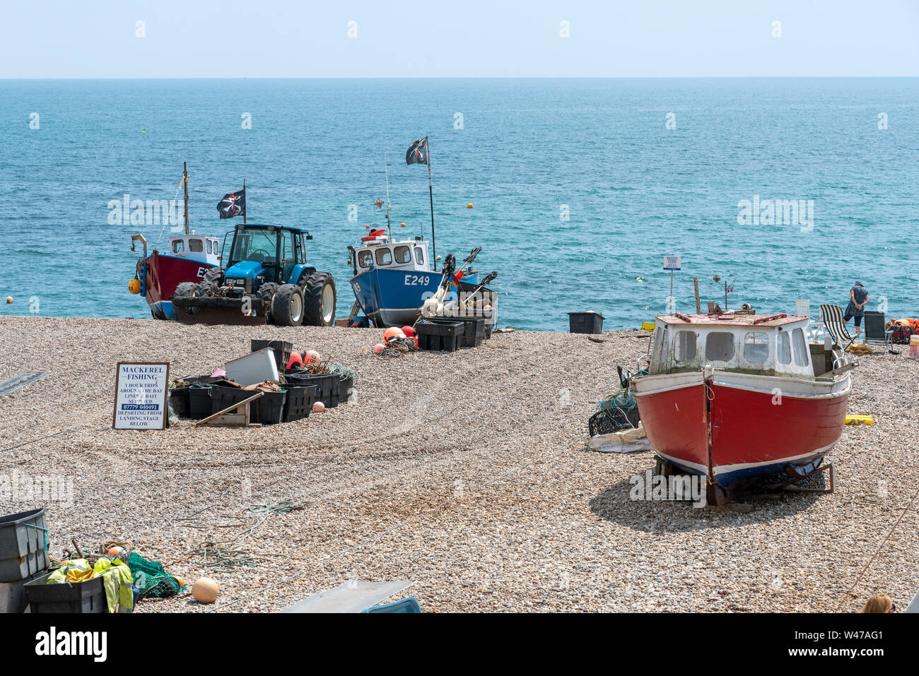 Beer near Seaton, Devon, England, UK. June 2019. Fishing boats on the ...