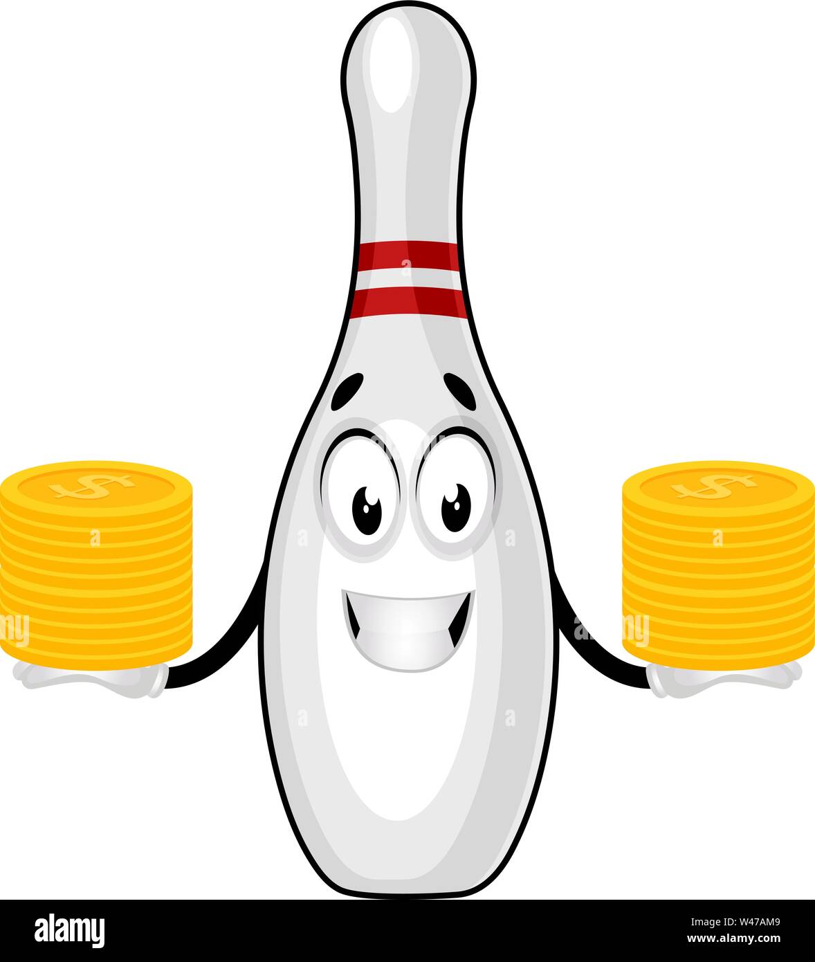 Bowling pin with coins, illustration, vector on white background Stock ...