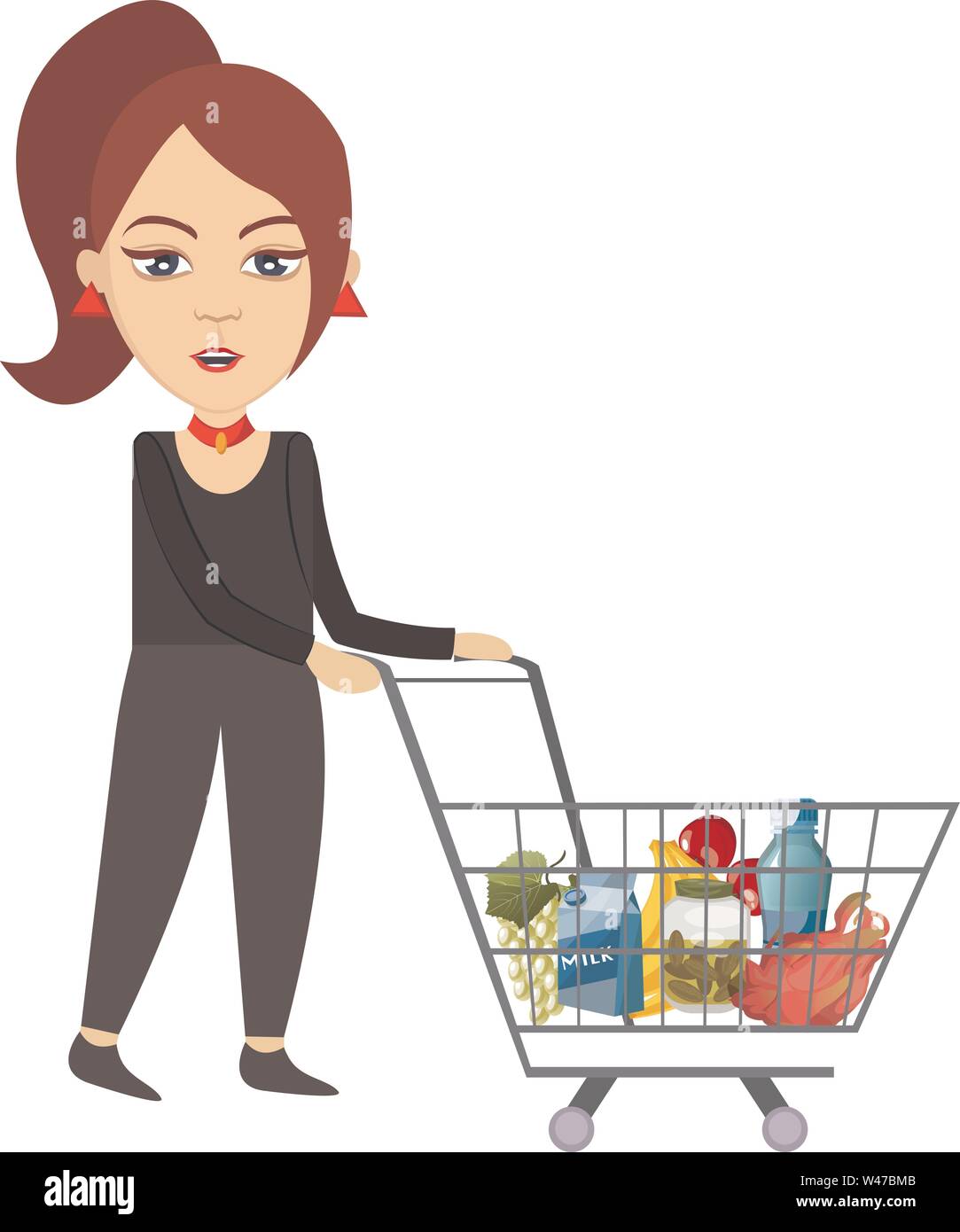 Woman with shopping cart, illustration, vector on white background ...