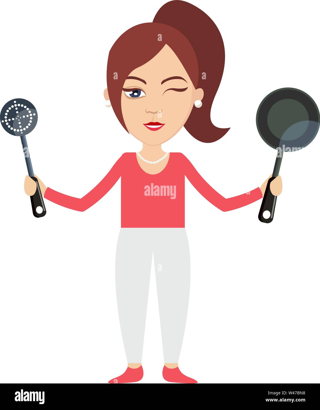 Woman with pan, illustration, vector on white background Stock Vector ...