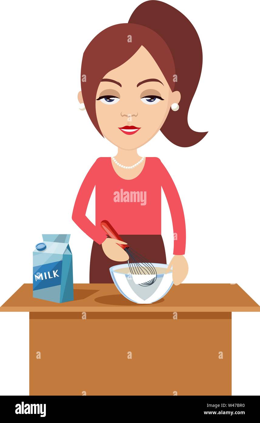Woman cooking with milk, illustration, vector on white background Stock ...