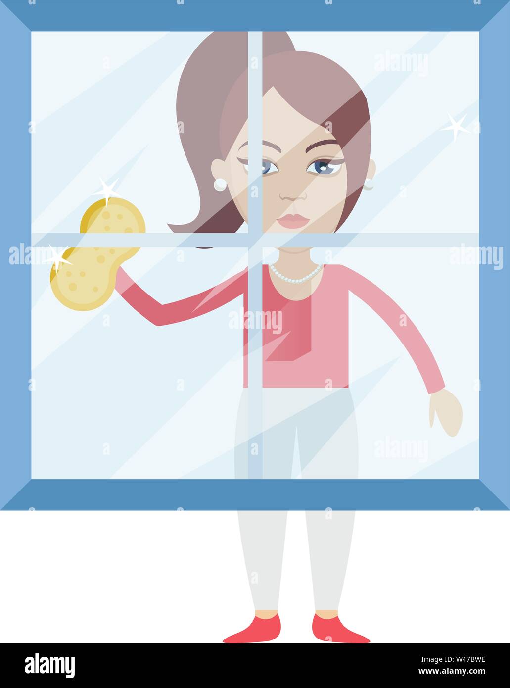 Woman cleaning glass, illustration, vector on white background Stock ...