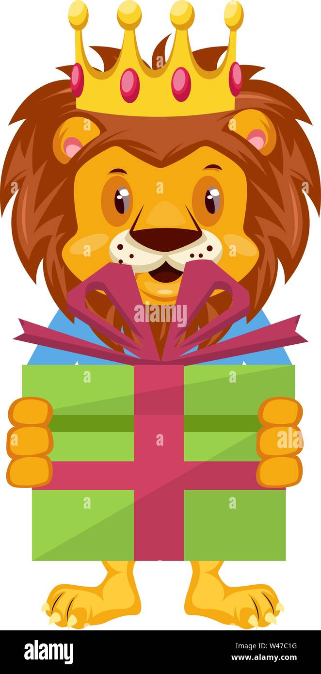 Lion with birthday present, illustration, vector on white background ...