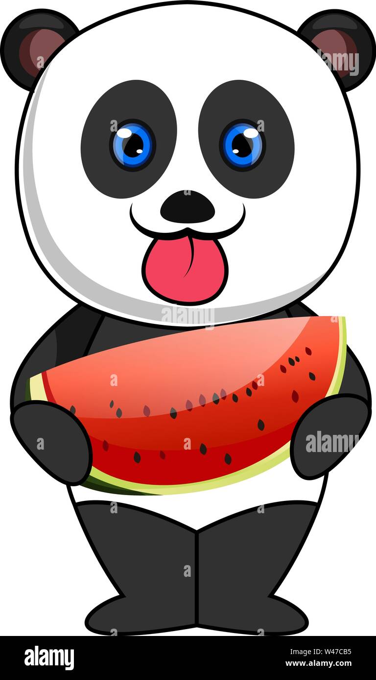Panda eating watermellon, illustration, vector on white background ...