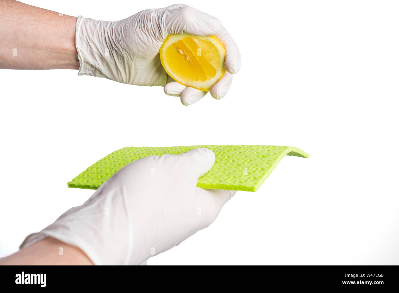 cleaning with biological lemon cleaning agents and gloves Stock Photo ...