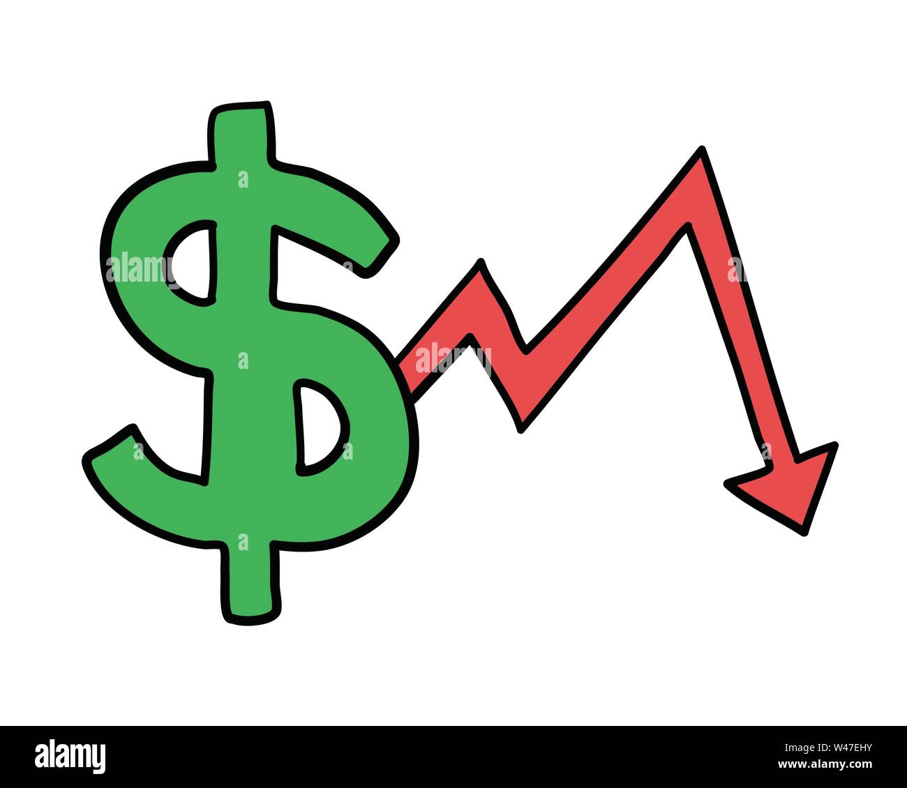 Vector hand-drawn illustration of dollar symbol with arrow moving down ...