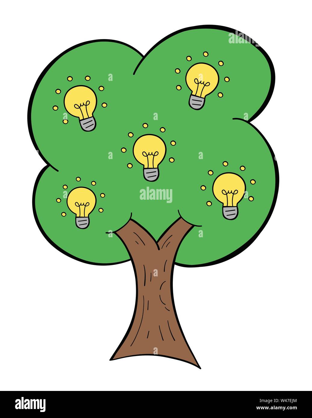 Vector hand-drawn illustration of glowing light bulb idea tree. Black ...