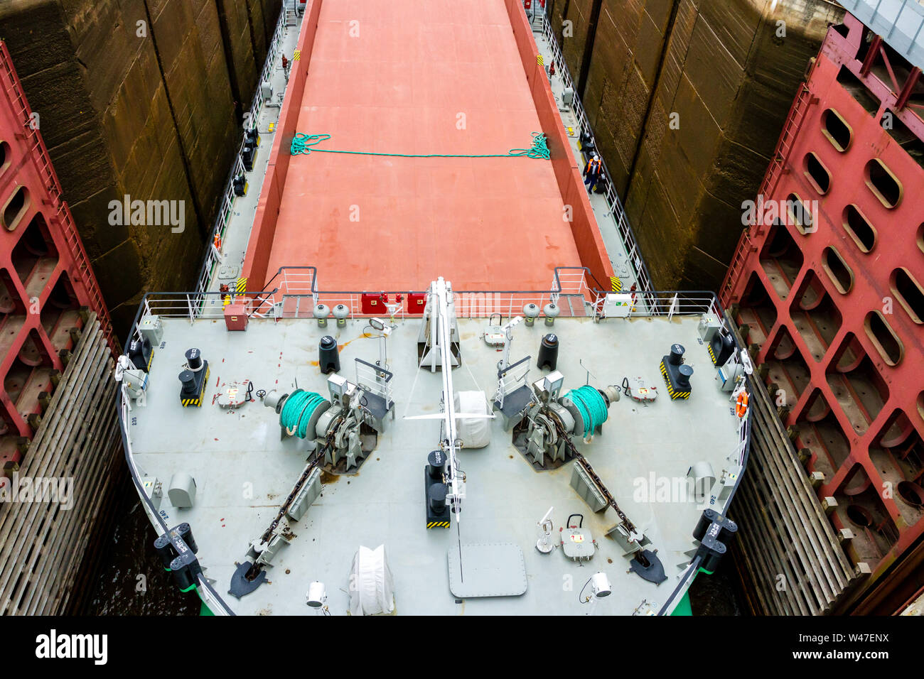 Vytegra, Russia - August 16, 2015: Close up image of cargo ship entered ...
