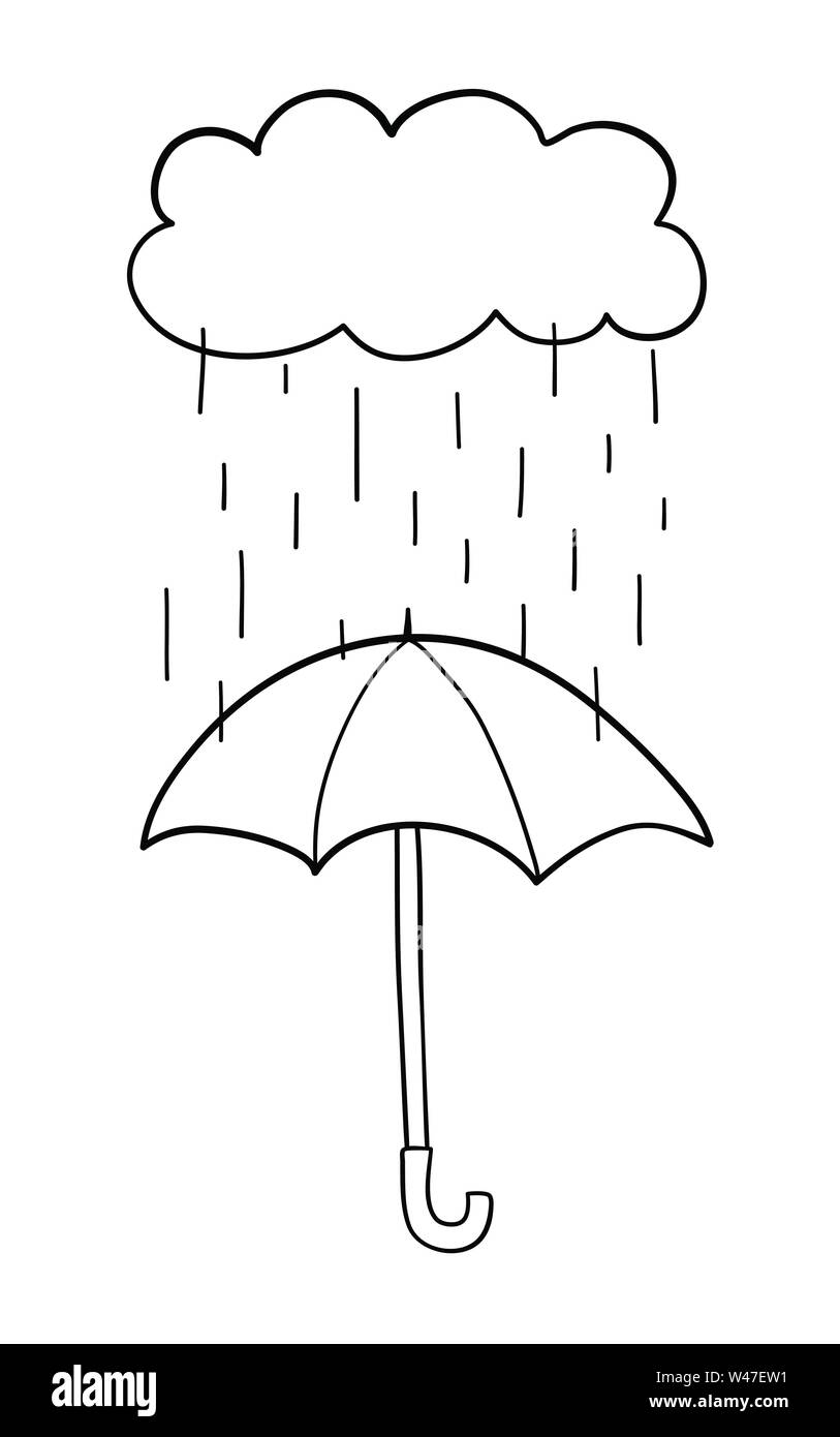 Vector hand-drawn illustration of it's raining and opened umbrella ...