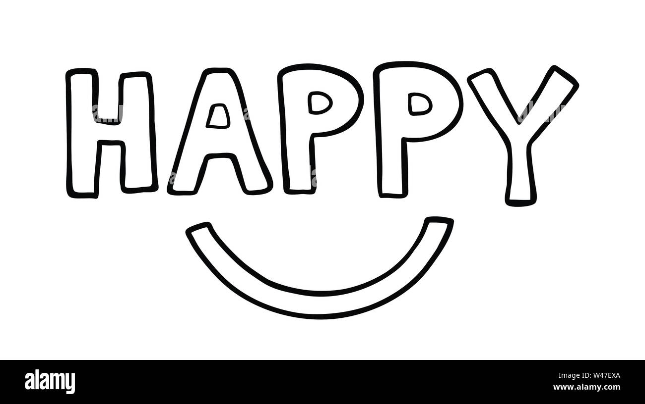 Vector hand-drawn illustration of happy word with smiling mouth. Black ...