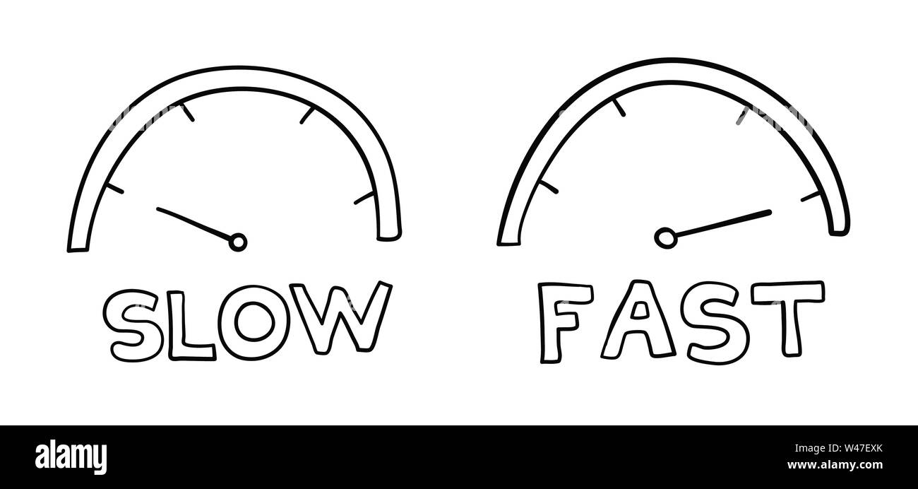 Vector hand-drawn illustration of speedometers. Slow and fast. Black ...