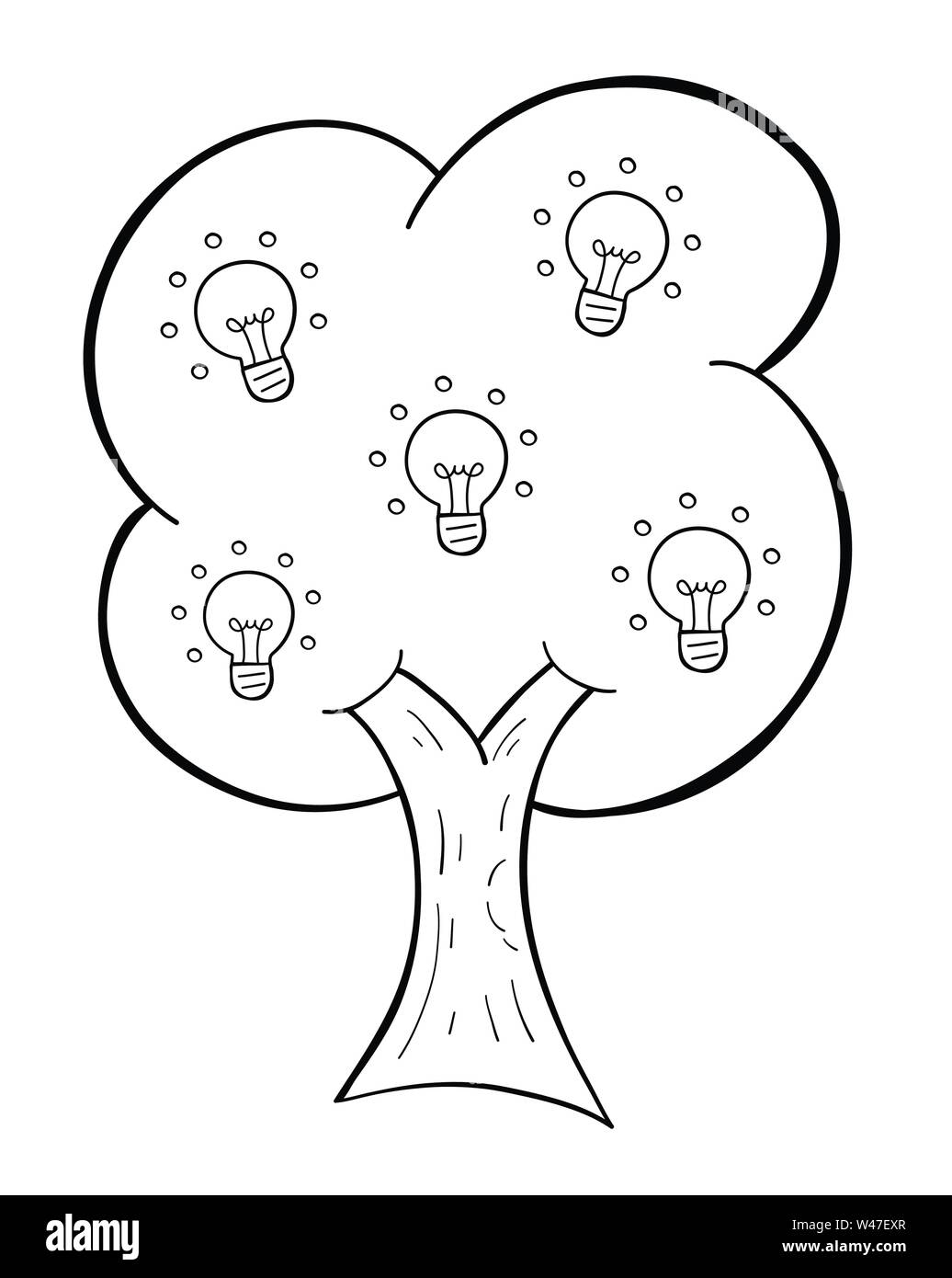 Vector hand-drawn illustration of glowing light bulb idea tree. Black ...