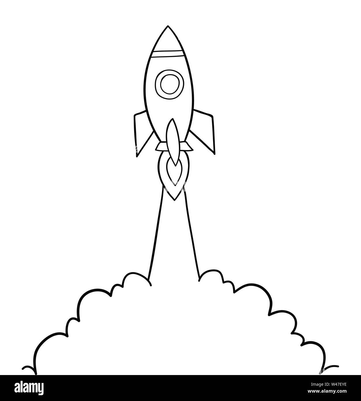 Vector hand-drawn illustration of rocket is flying. Black outlines and ...